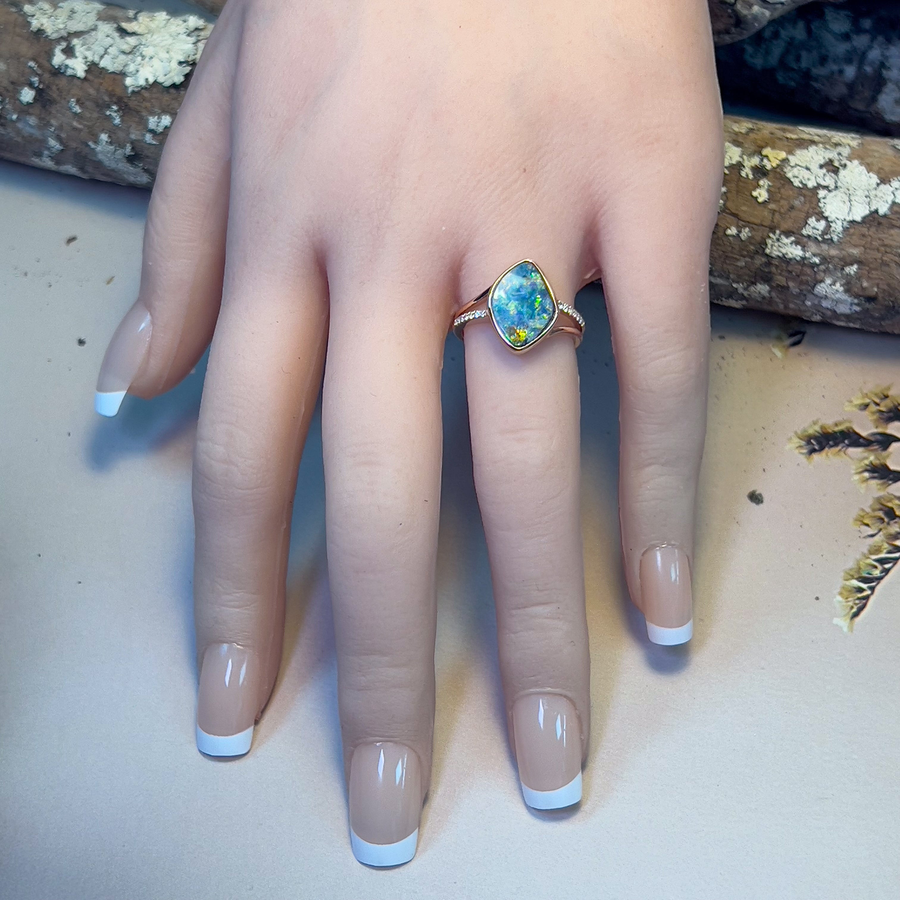 14kt Rose Gold Boulder Opal 3.45ct diamond ring